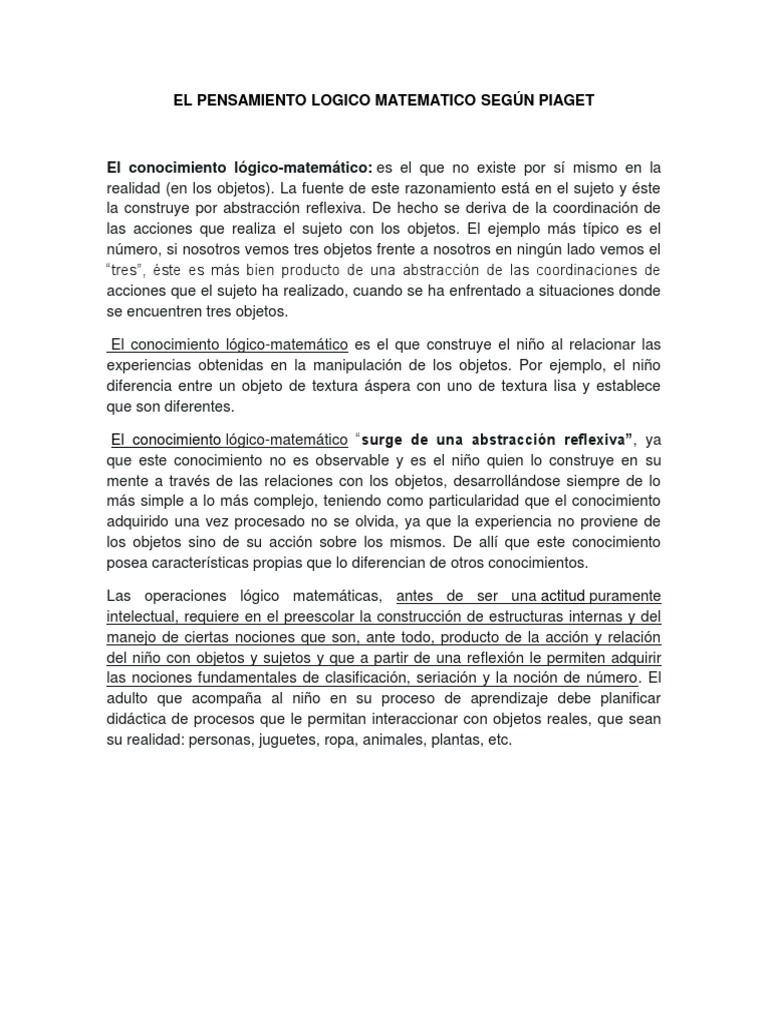 El Pensamiento Logico Matematico Según Piaget | PDF | Conocimiento ...
