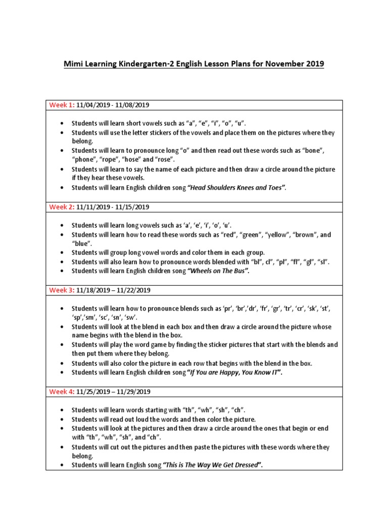 November K-2 English Lesson Plans | PDF