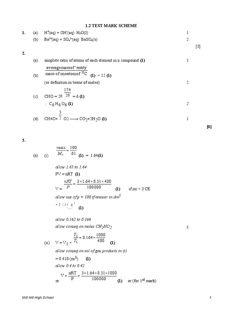 1.2 Test Mark Scheme 1.: M Mass | PDF | Mole (Unit) | Analytical Chemistry