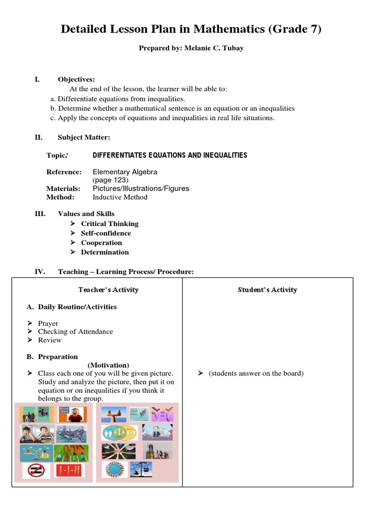 Detailed Lesson Plan in Mathematics (Grade 7) : Elementary Algebra ...