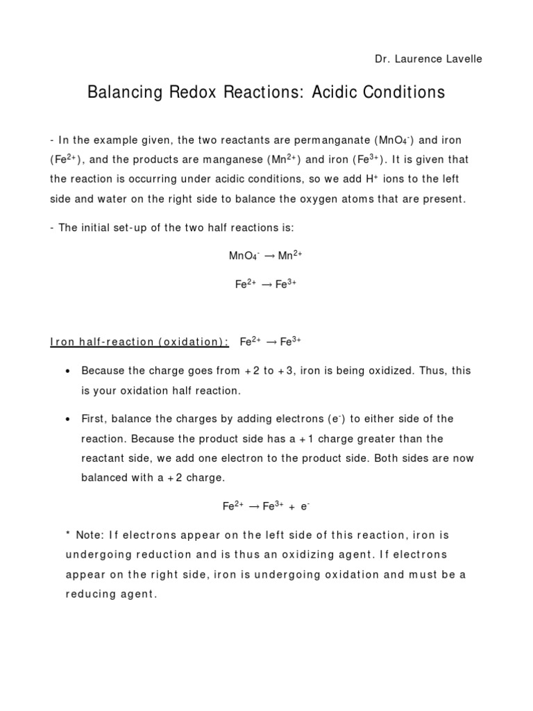 Balancing Redox Reactions Acidic Conditions | PDF | Redox | Chemical ...