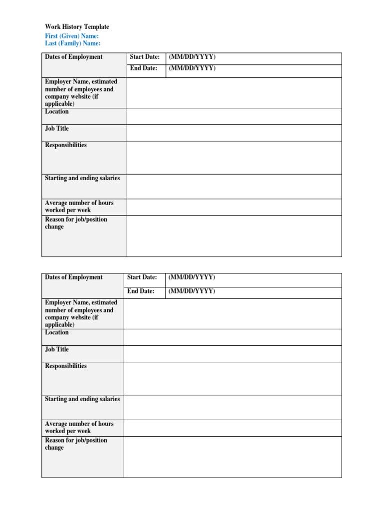 Work History Template for Job Applications | PDF | Career & Growth ...