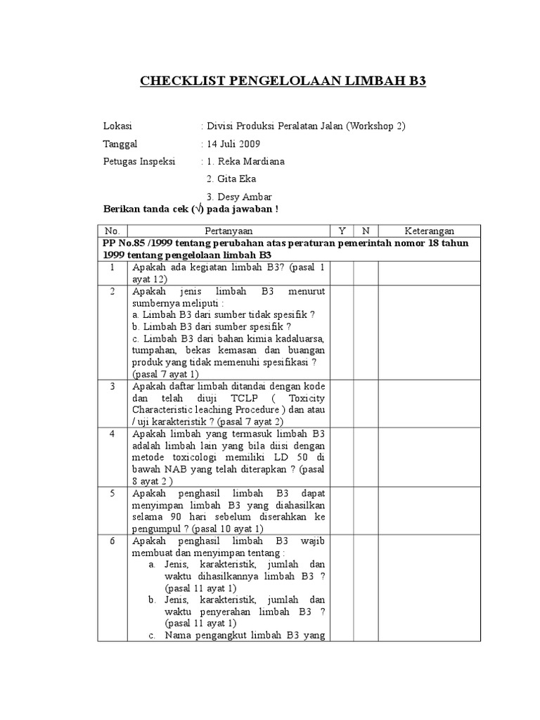 Checklist Pengelolaan Limbah B3 | PDF