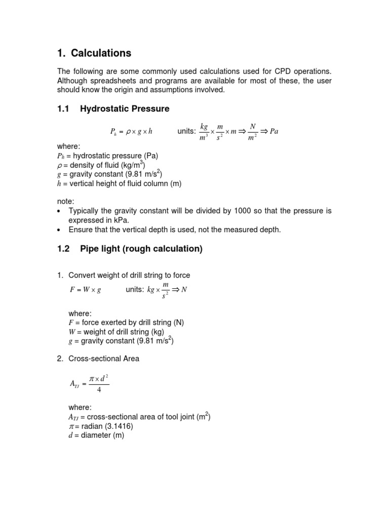 Calculations: 1.1 Hydrostatic Pressure | PDF | Pump | Pressure