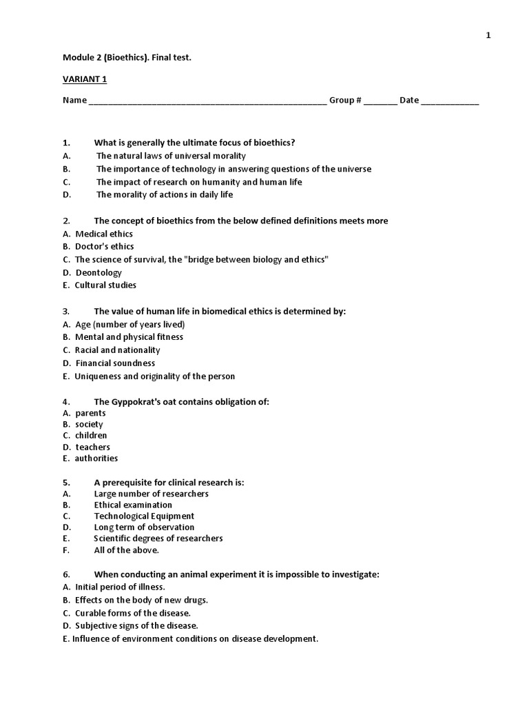 Basic of Bioethics Quiz | PDF | Bioethics | In Vitro Fertilisation