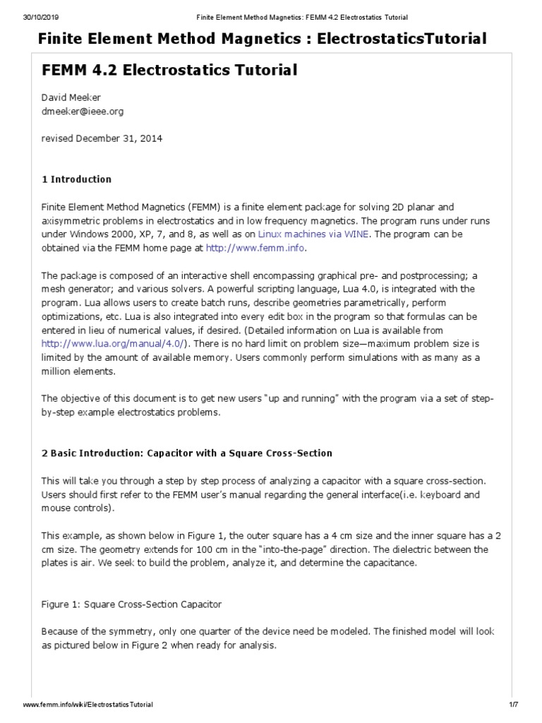 Finite Element Method Magnetics - FEMM 4.2 Electrostatics Tutorial | PDF | Capacitance | Finite ...
