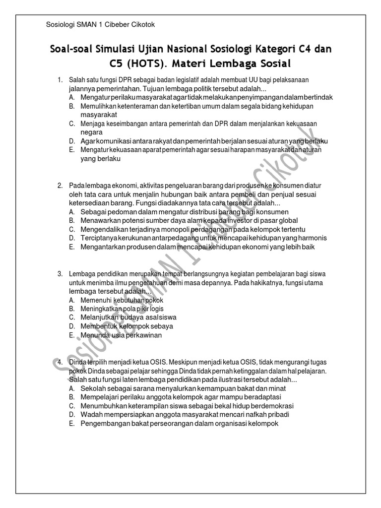 Soal-Soal Simulasi Ujian Nasional Sosiologi Kategori C4 Dan C5 (HOTS) - Materi Lembaga Sosial ...