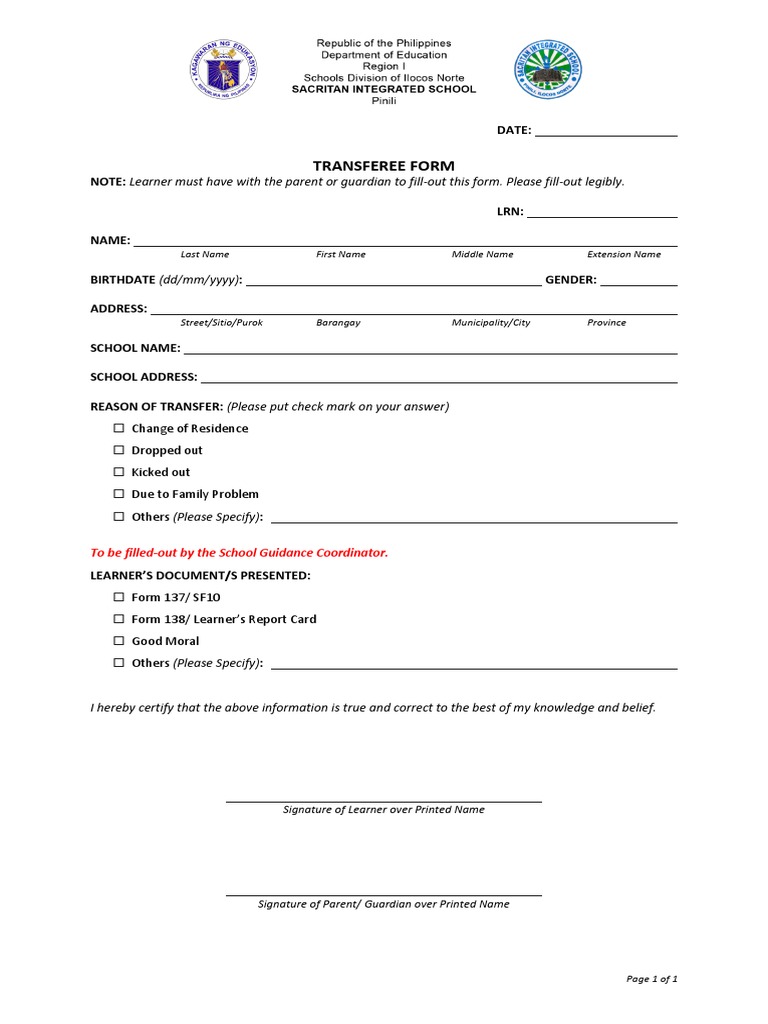 Transferee Form: Change of Residence Dropped Out Kicked Out Due To ...