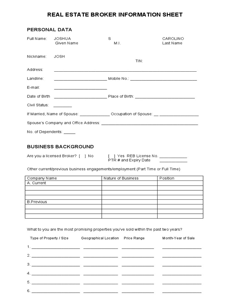 Real Estate Broker Information Sheet: Personal Data | PDF | Real Estate ...