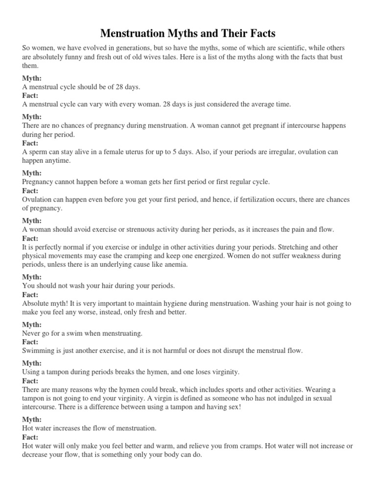 Menstruation Myths and Their Facts | PDF | Menstruation | Menstrual Cycle