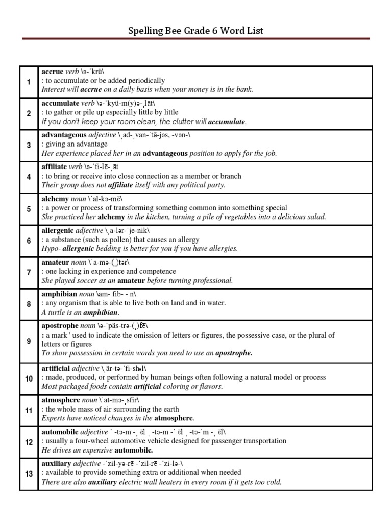 Spelling Bee List Grade 6 Pdf Kerosene Adjective