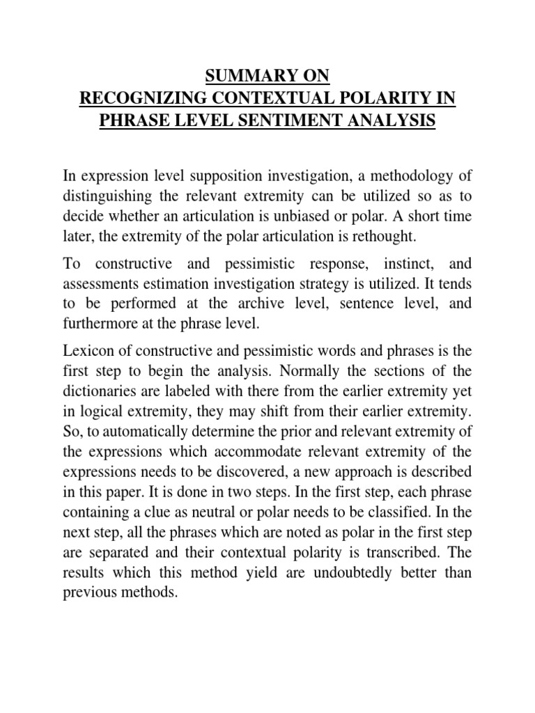 Summary On Recognizing Contextual Polarity in Phrase Level Sentiment Analysis | PDF | Subject ...
