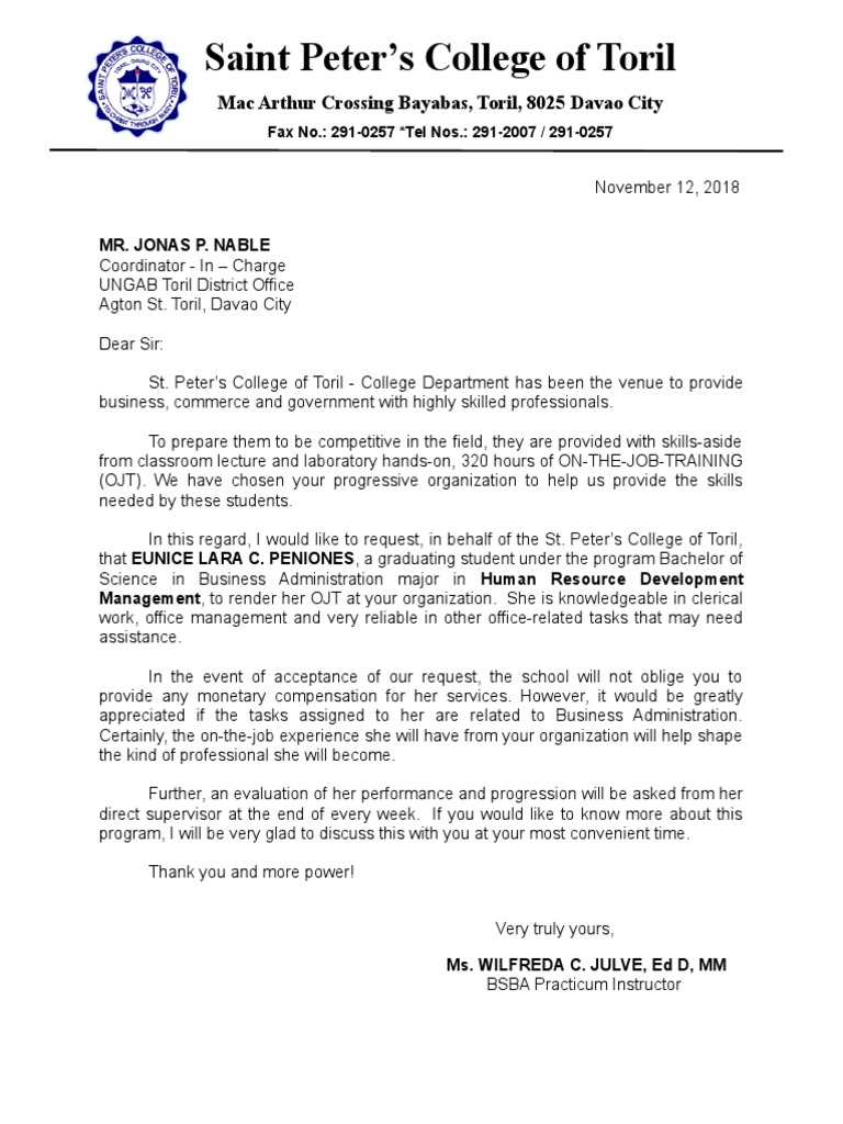 OJT Endorsement Letter | PDF