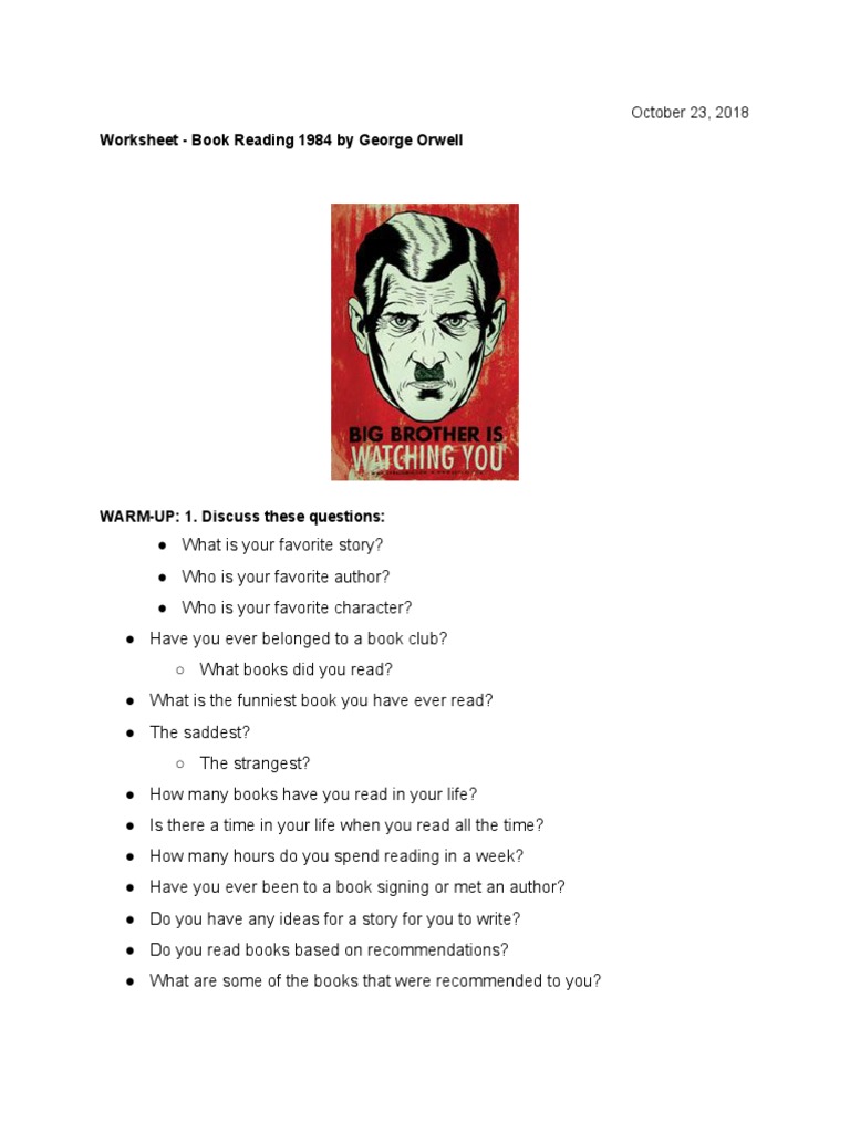 Worksheet - Book Reading 1984 by George Orwell: October 23, 2018 | PDF