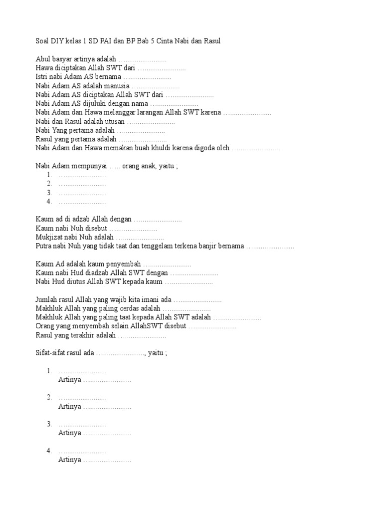 Soal DIY Kelas 1 SD PAI Dan BP Bab 5 Cinta Nabi Dan Rasul 01 | PDF