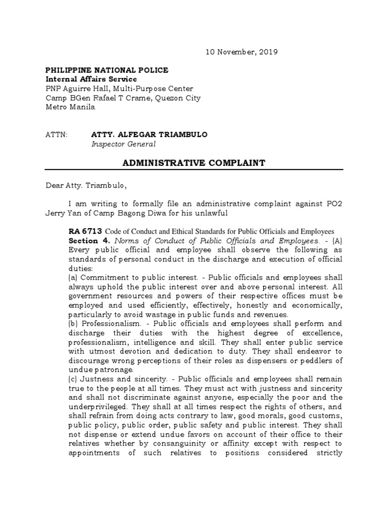 Assignment - Administrative Complaint | PDF | Integrity | Police