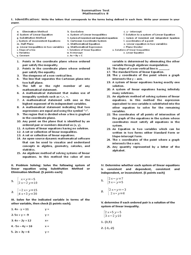 Summative Test in Math | PDF | System Of Linear Equations | Variable ...