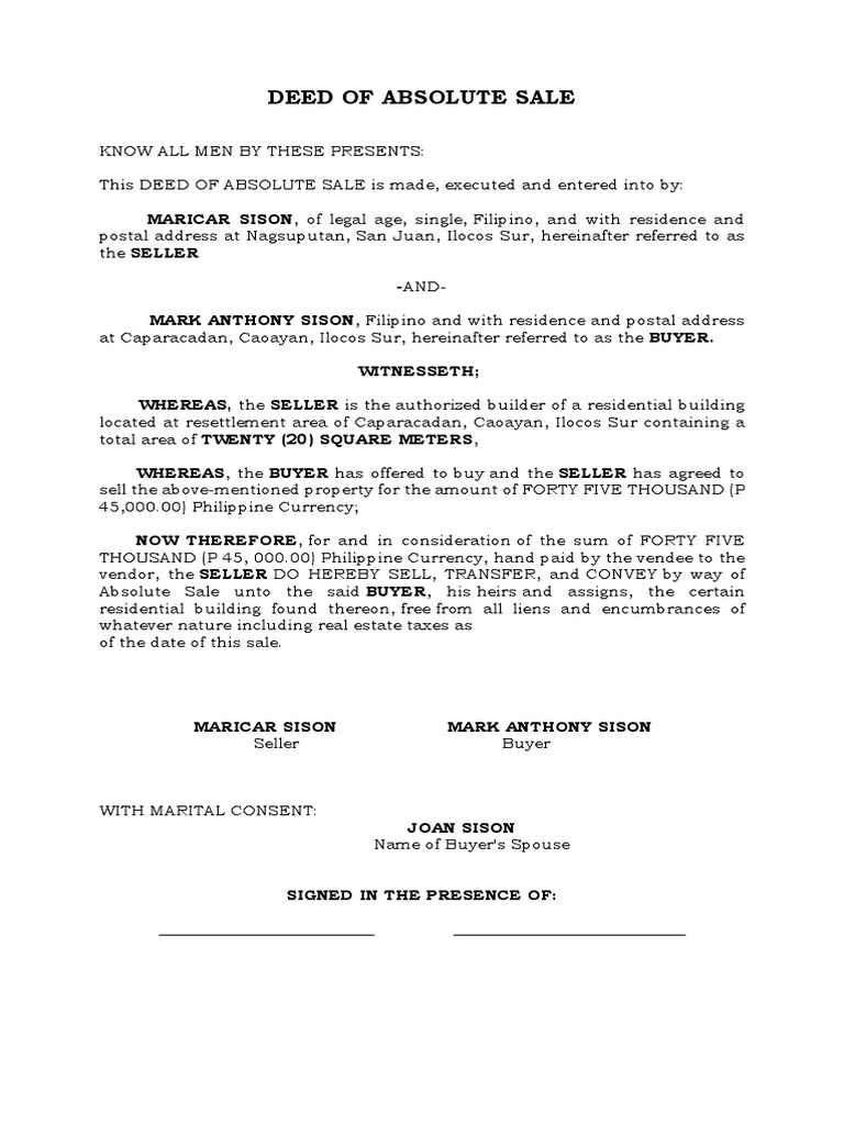 Deed of Absolute Sale: - AND-MARK ANTHONY SISON, Filipino and With Residence and Postal Address ...