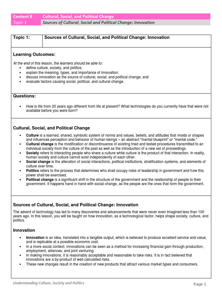 Topic 1 Sources of Cultural, Social and Political Change Innovation ...