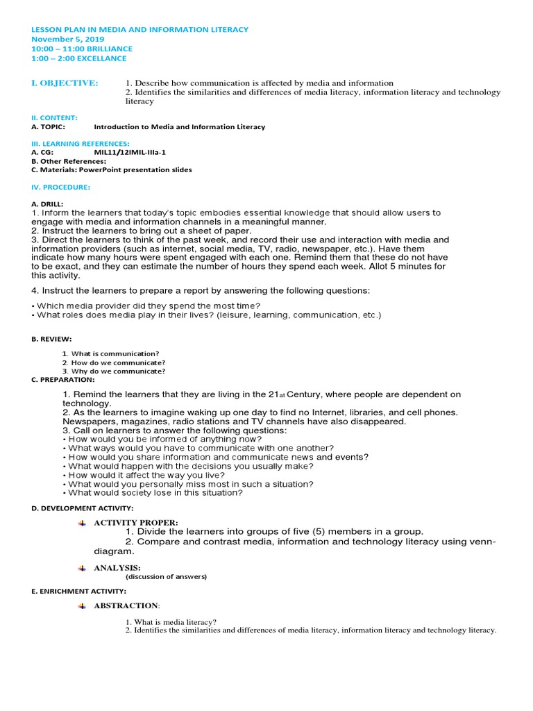 Lesson Plan in Mil | PDF | Mass Media | Information Literacy