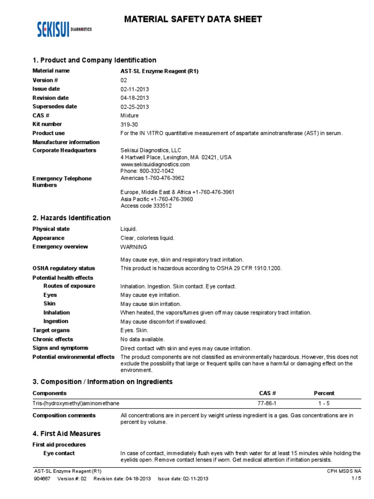 Ast SL Enzyme Reagent r1 Msds | PDF | Dangerous Goods | Firefighting