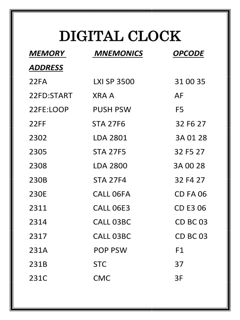 Digital Clock: Memory Mnemonics Opcode Address | PDF