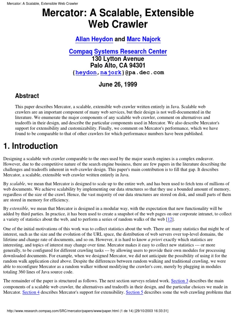 Mercator: A Scalable, Extensible Web Crawler: Allan Heydon Marc Najork Compaq Systems Research ...