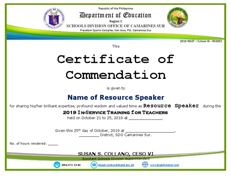 2019 INSET Certificate of Commendation Official | PDF