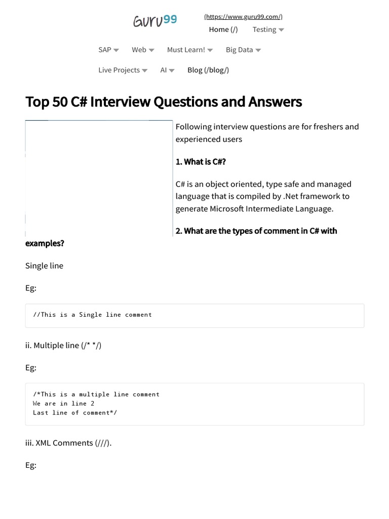 Top 50 C# Interview Questions and Answers | Download Free PDF | Class (Computer Programming ...