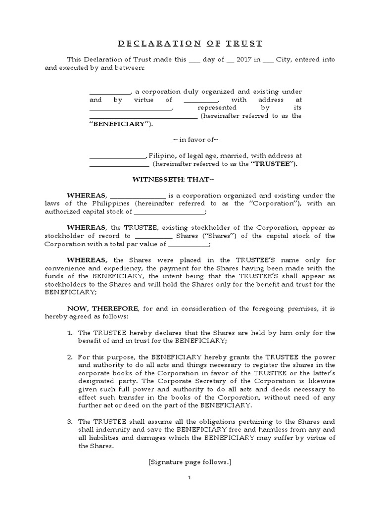 Declaration of Trust | PDF | Trust Law | Trustee