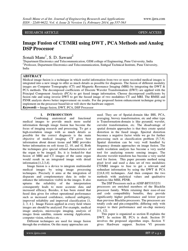Image Fusion of CT/MRI Using DWT, PCA Methods and Analog DSP Processor | PDF | Principal ...