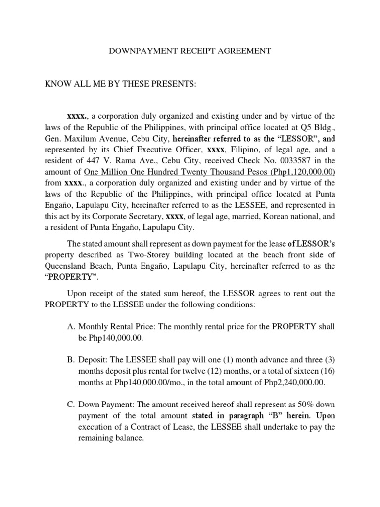 Downpayment Reciept Agreement Sample | PDF