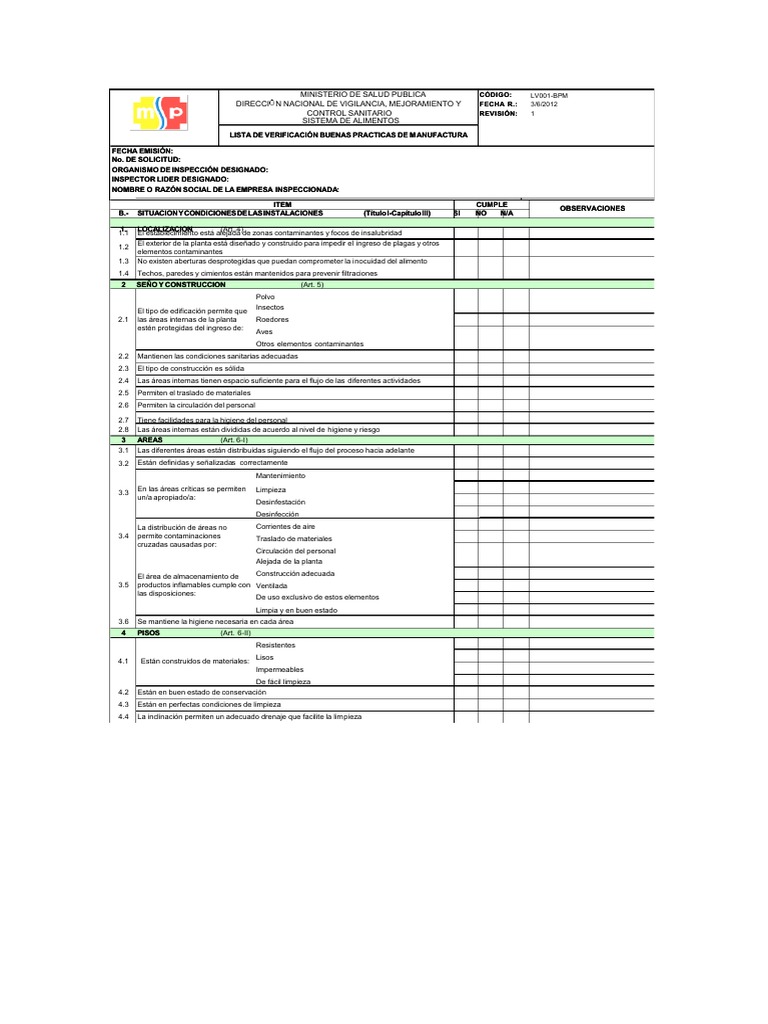 Check List BPM - MSP-ARCSA | PDF | Agua potable | Agua