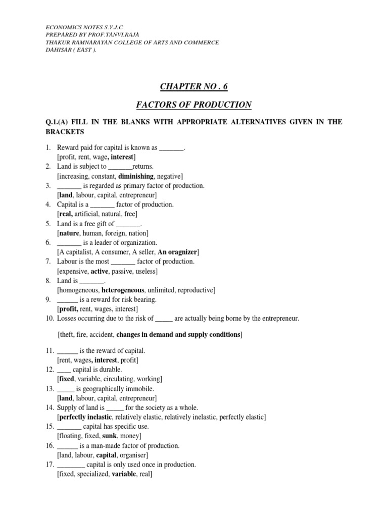 CHP 6 Factors of Production | PDF | Capital (Economics) | Labour Economics