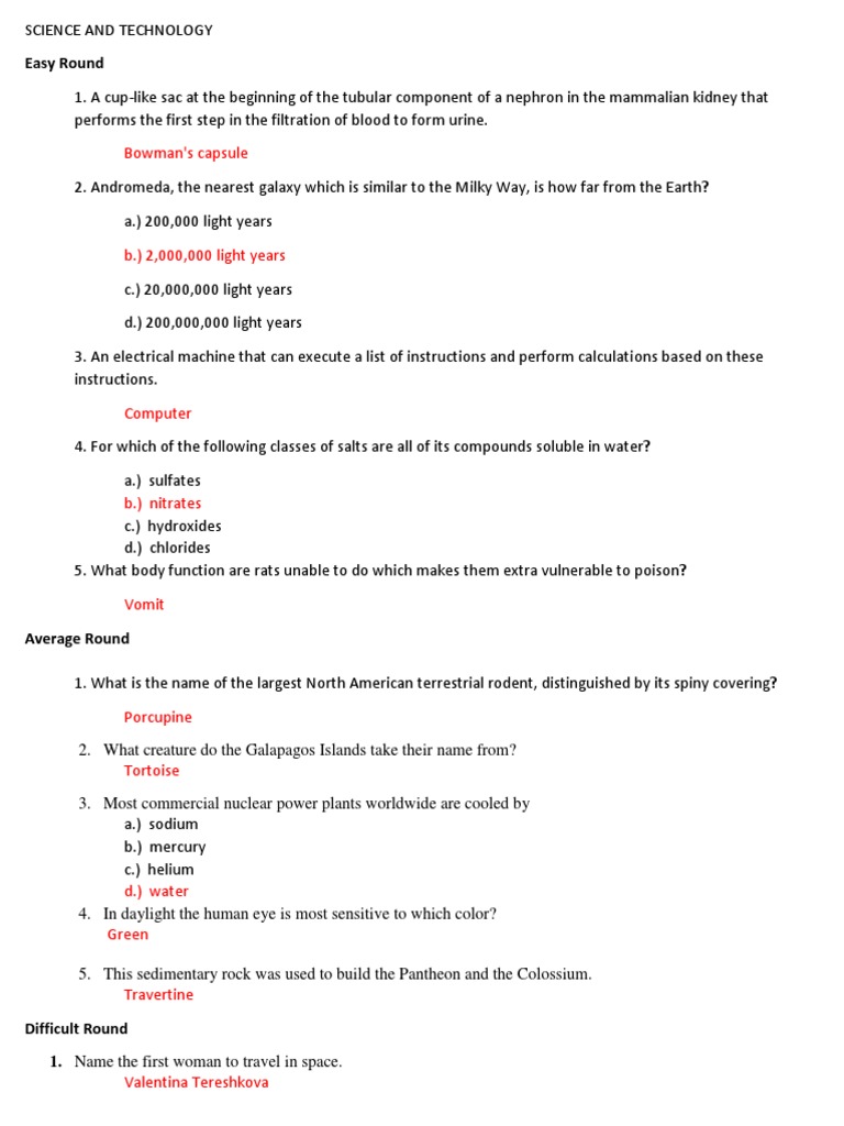 Science and Technology Quiz Questions | PDF | Earth | Atoms