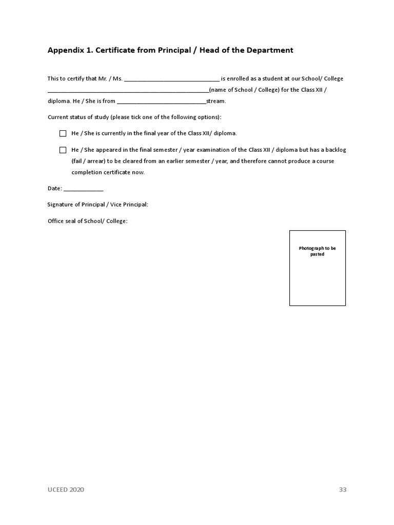 Appendix 1. Certificate From Principal / Head of The Department | PDF