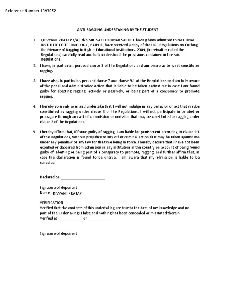 Reference Number 1393052: Anti Ragging Undertaking by The Student | PDF ...