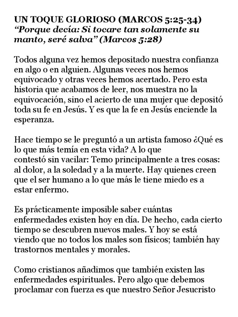 Un Toque Glorioso (Marcos 5:25-34) | PDF | Fe | Jesús