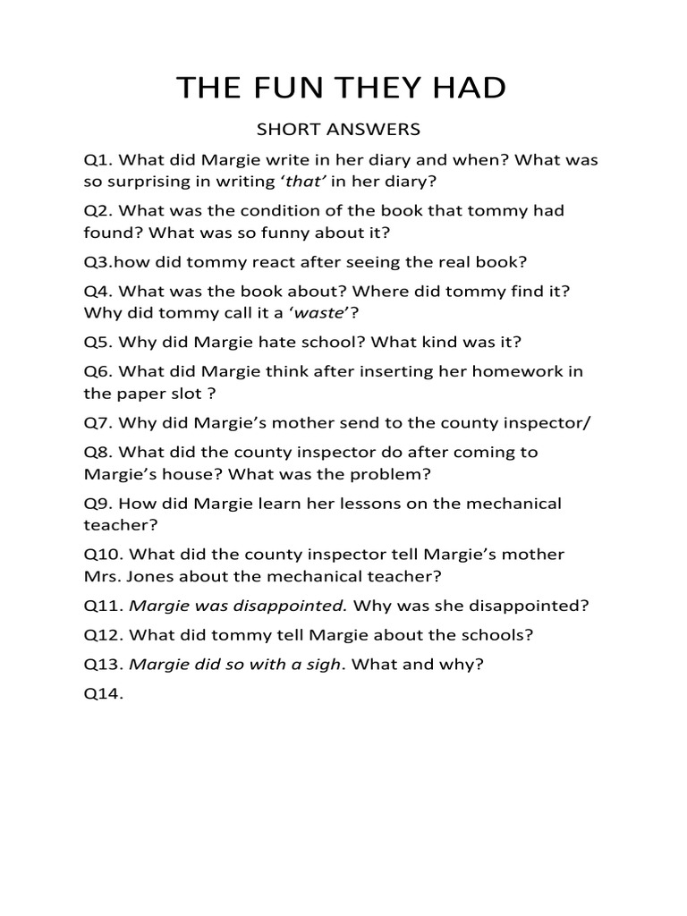 Short Answers on "The Fun They Had" | PDF | Self-Improvement | Mystery ...