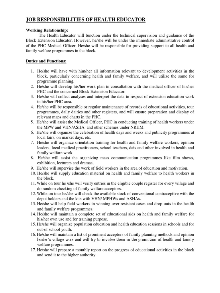 Job Responsibilities of Health Educator | PDF | Wellness | Medical
