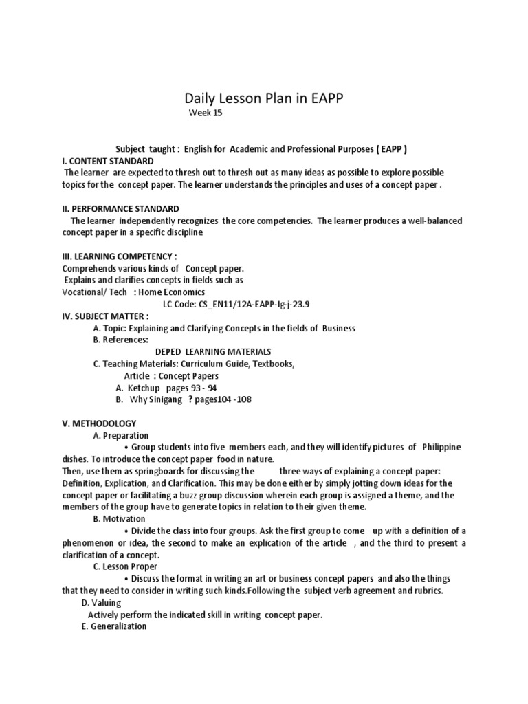 Daily Lesson Plan in EAPP: I. Content Standard | Lesson Plan | Learning