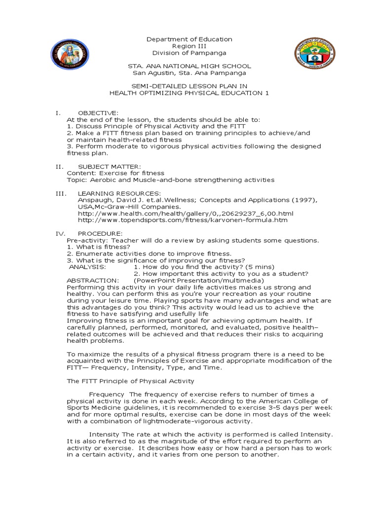 Pe Lesson Plan | PDF | Physical Fitness | Heart Rate