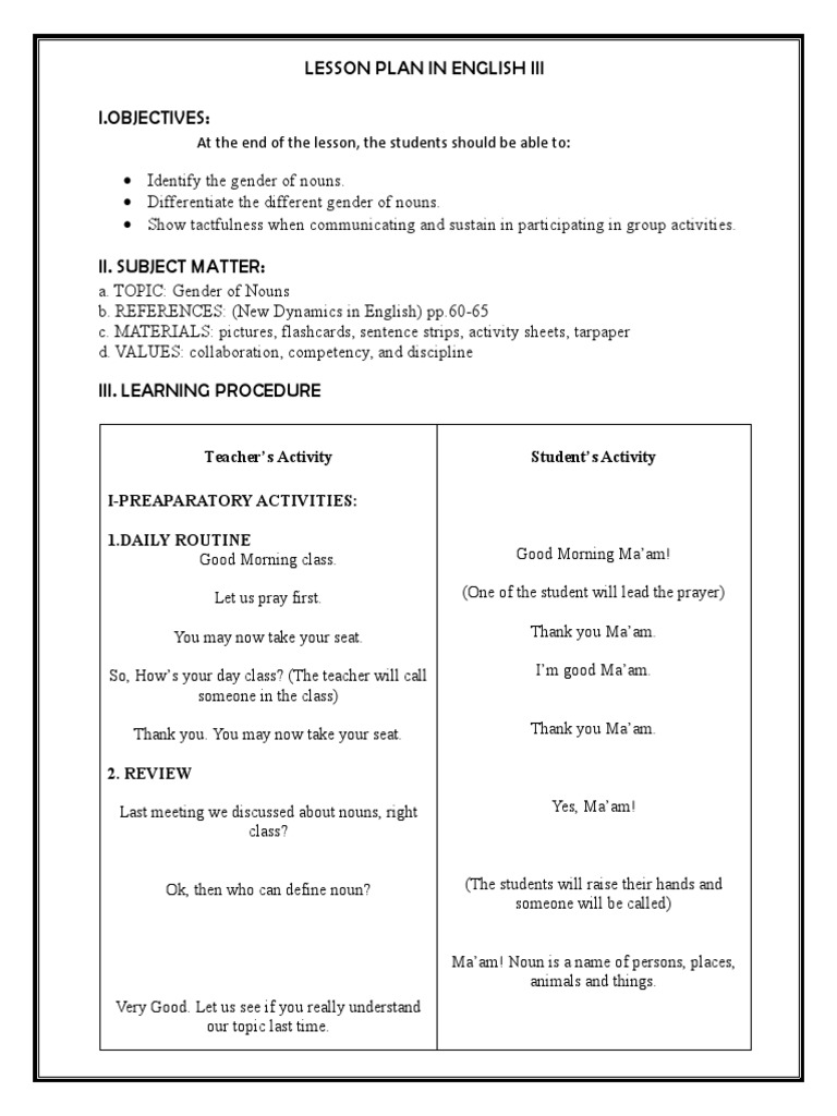 DETAILED LESSON PLAN IN ENGLISH-III.docx | Grammatical Gender | Noun