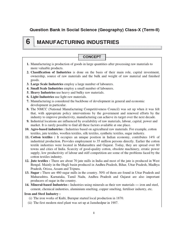 Class 10 Geography: Manufacturing Industries | PDF | Pollution | Cotton