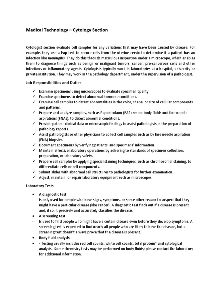 Medical Technology - Cytology Section: Job Responsibilities and Duties ...