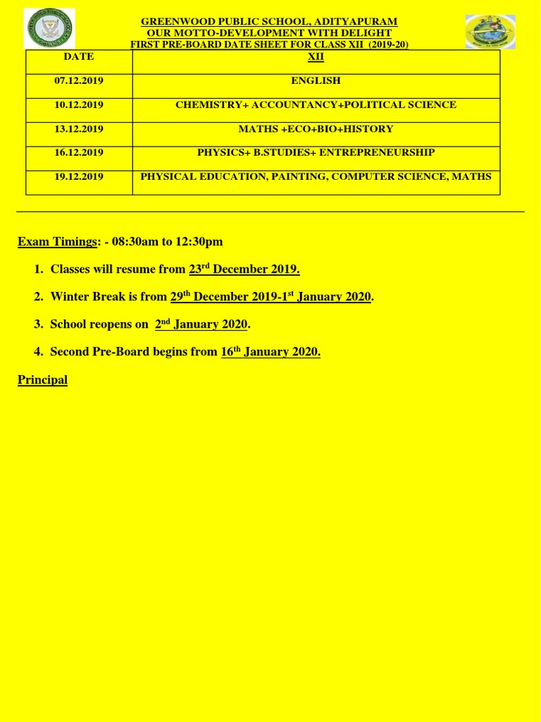 First Pre-Board Date Sheet For Class Xii (2019-20) | PDF
