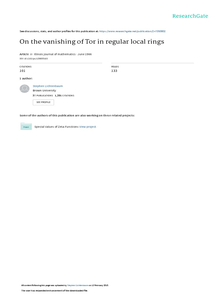 On The Vanishing of Tor in Regular Local Rings | PDF | Ring ...