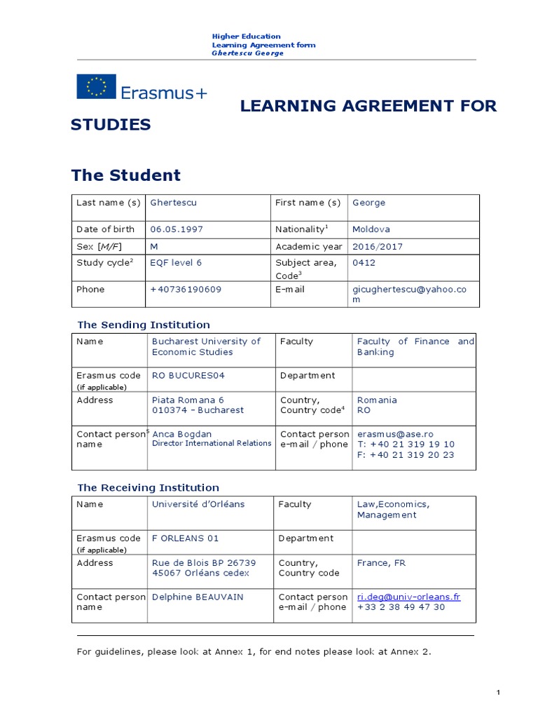 Learning Agreement For Studies The Student | PDF | Academic Degree ...