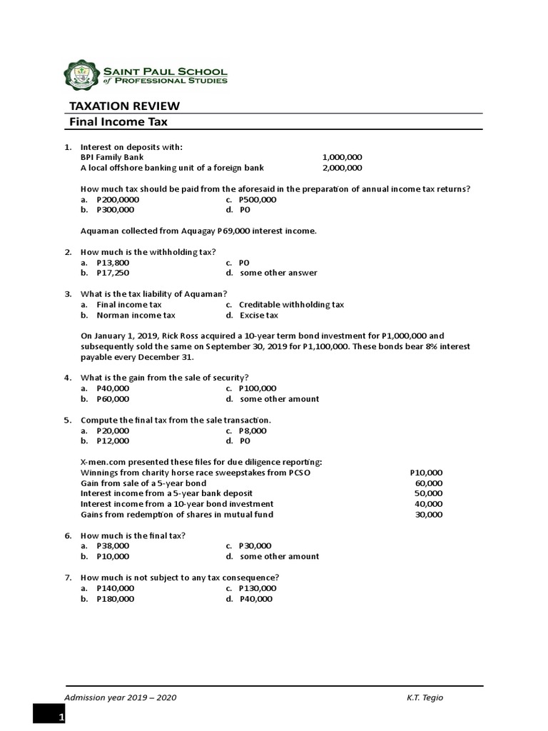Taxation Review Final Income Tax | PDF | Royalty Payment | Dividend