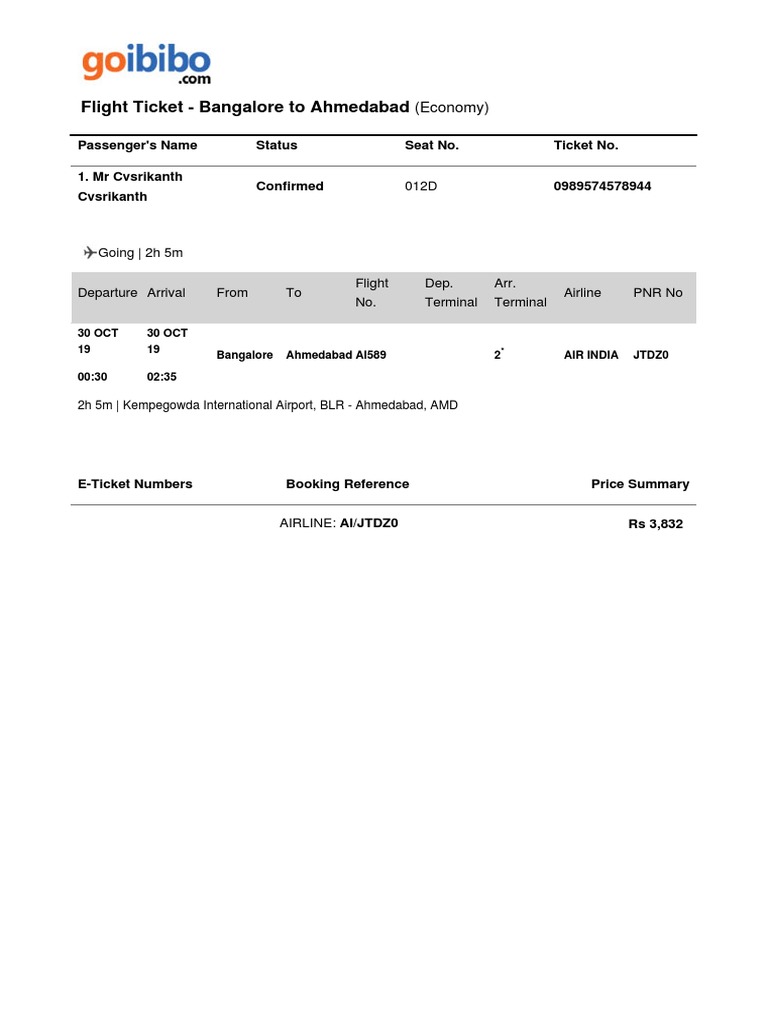 Flight Ticket Bangalore To Ahmedabad Pdf Aviation Transport